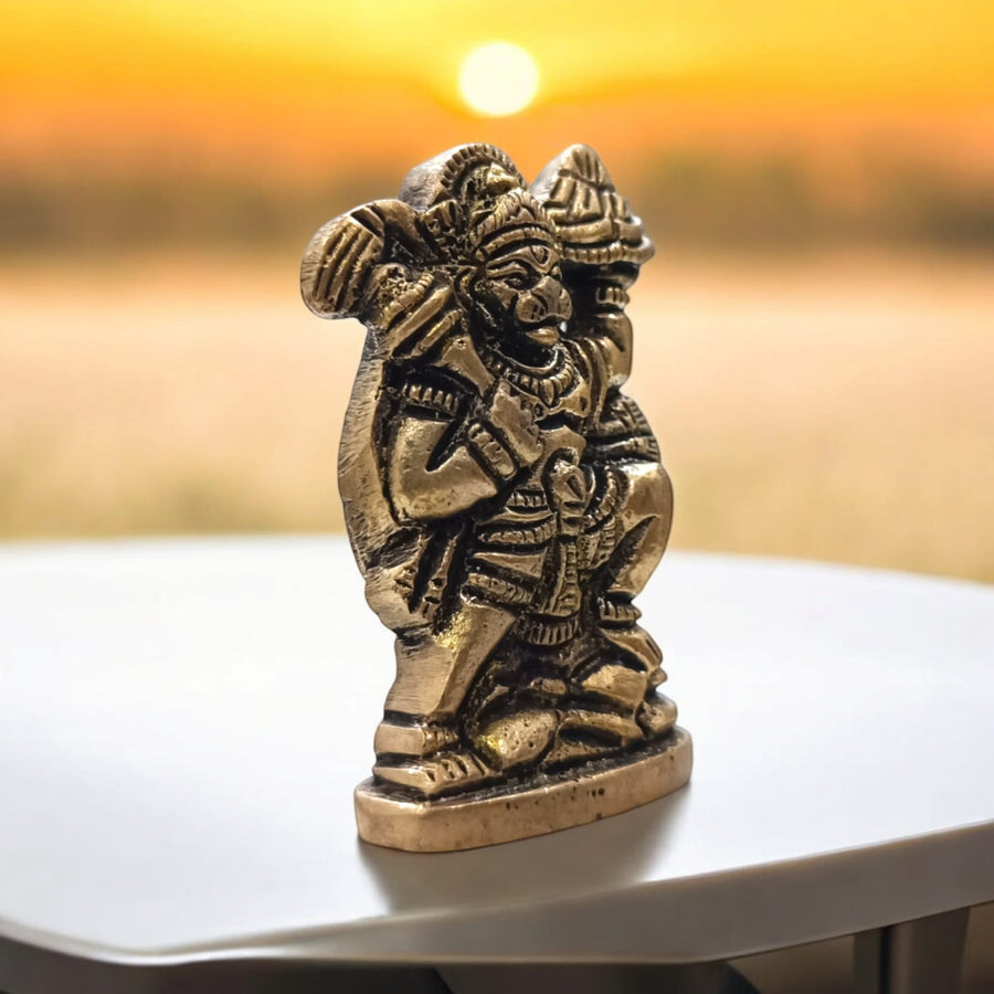 Hanuman Ji Brass Idol Carrying Mountain | 3” Tall | Timeshopee