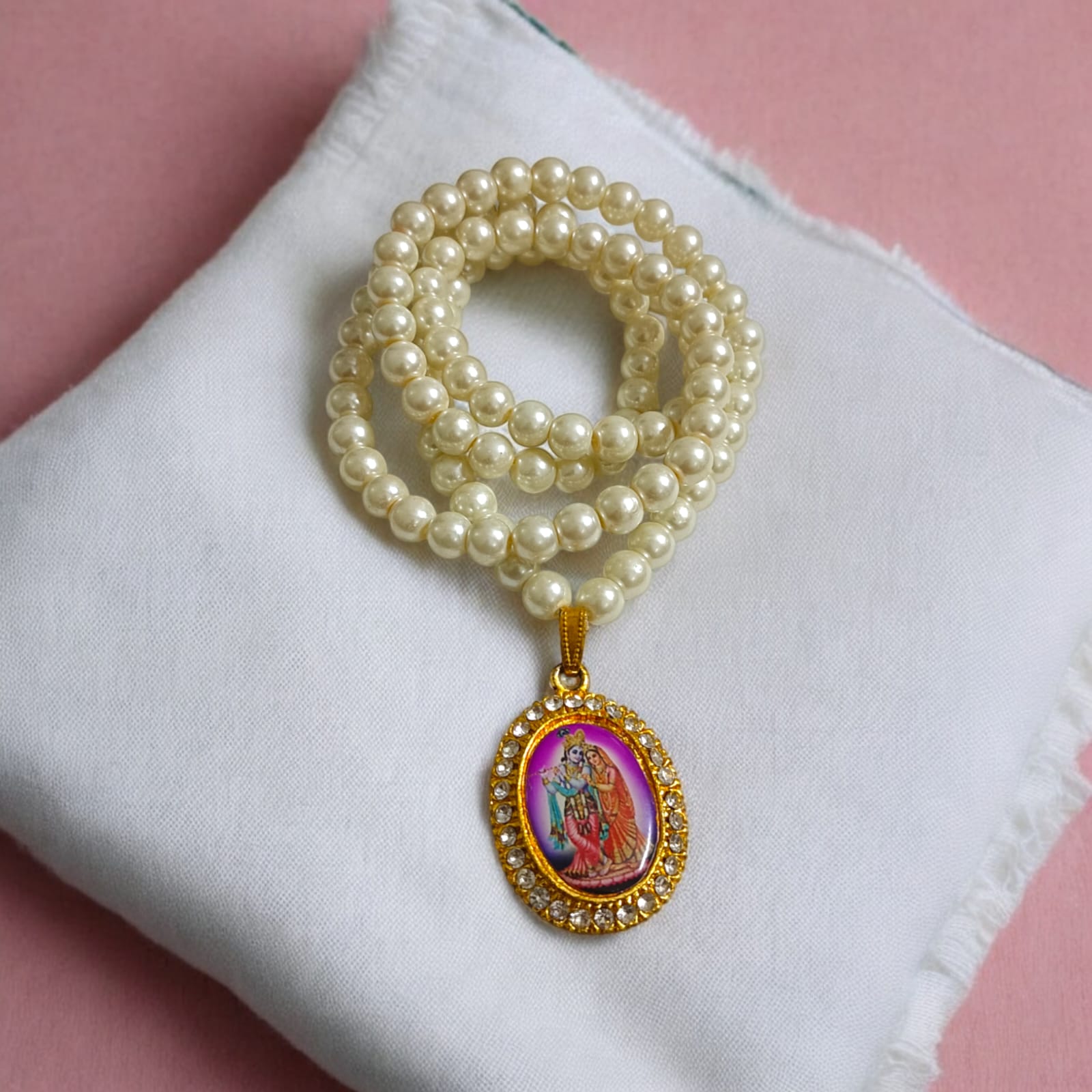 Moti Mala With Radha Krishna Locket | Devotional Beads – Timeshopee